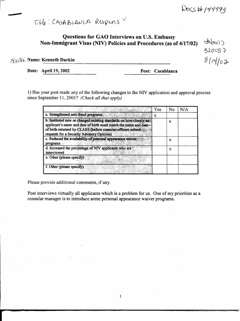 Questions For GAO Interviews On U.S. Embassy Non-Immigrant Visas (NIV ...