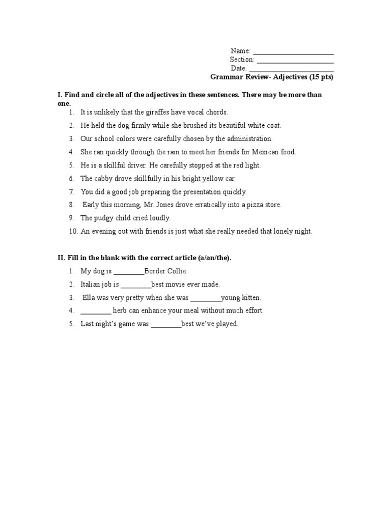 Adjective Grammar Review Worksheet | PDF
