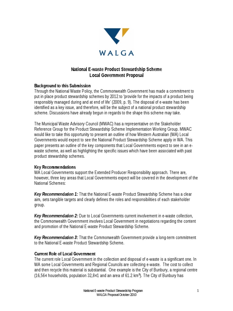 National E-Waste Product Stewardship Scheme Local Government Proposal ...