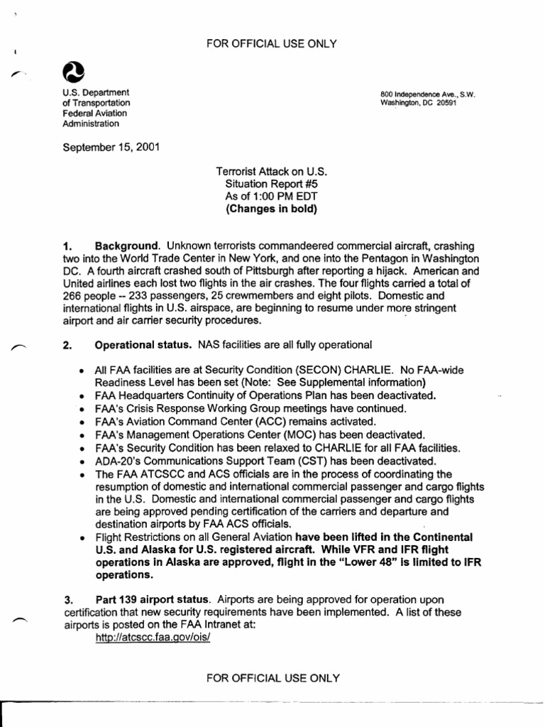 T8 B18 HQ FAA 1 of 3 FDR - 9-15-01 FAA Situation Report 232 | PDF ...