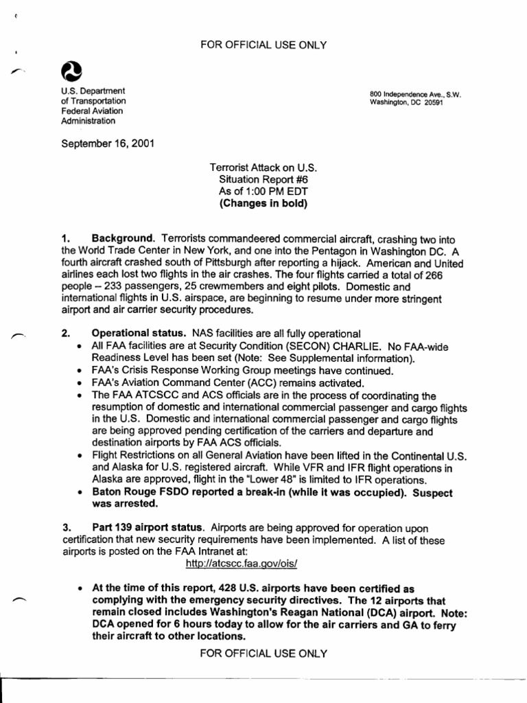 T8 B18 HQ FAA 1 of 3 FDR - 9-16-01 FAA Situation Report 233 | PDF ...
