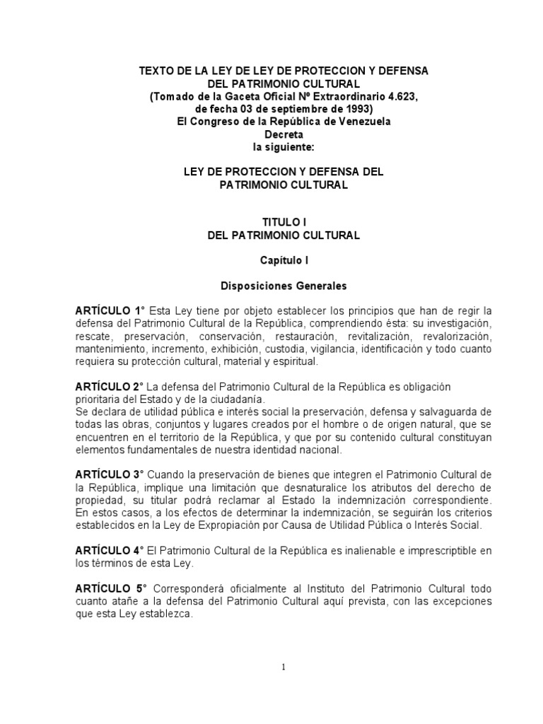 Ley de Proteccion y Defensa Del Patrimonio Cultural | PDF | Bienes (Ley) | Propiedad