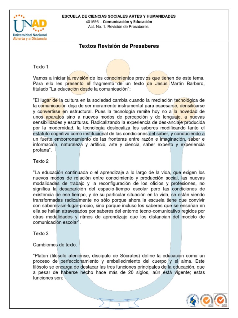 Textos Act.1 Leccion Presaberes | PDF | Conocimiento | Los símbolos