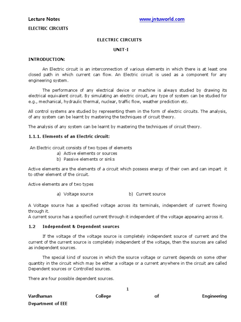 Electric Circuits Lecture Notes | PDF