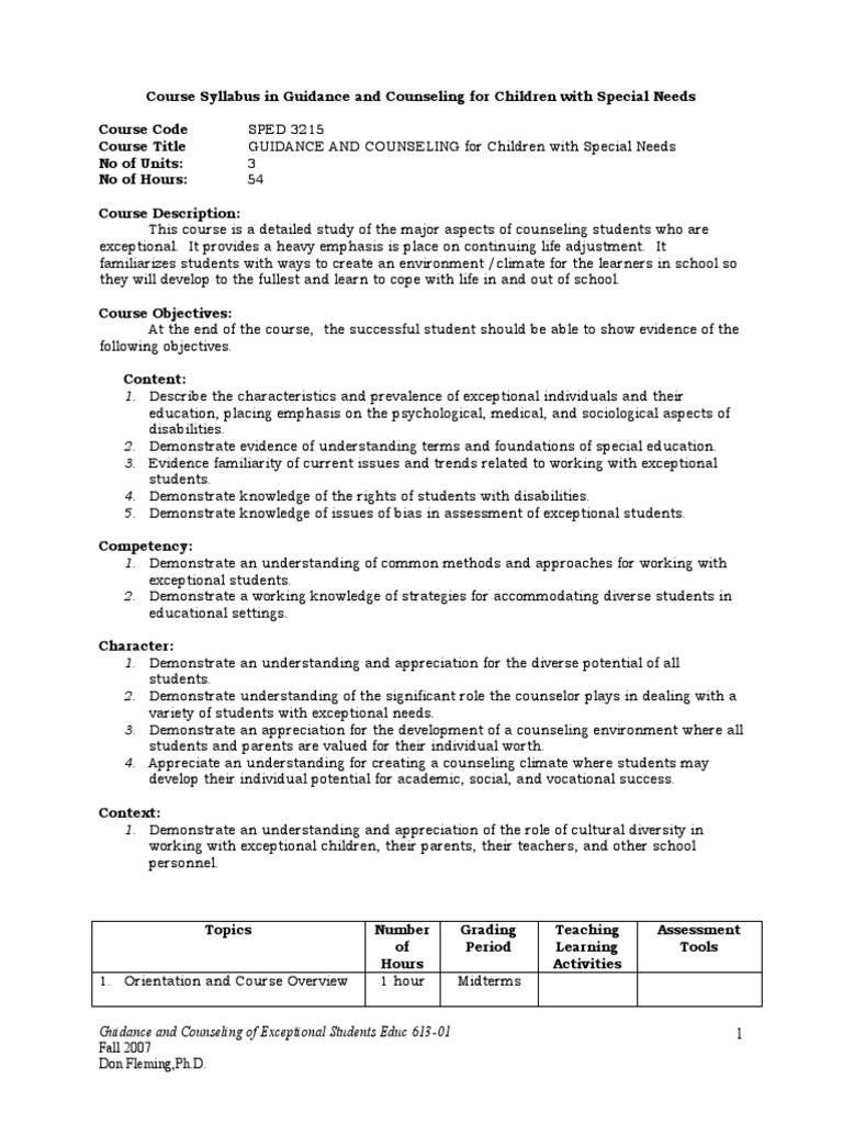 Course Syllabus in Guidance and Counseling For Children With Special ...