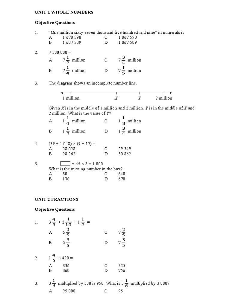 Unit 1 Whole Numbers Objective Questions | PDF | Geometry | Elementary ...