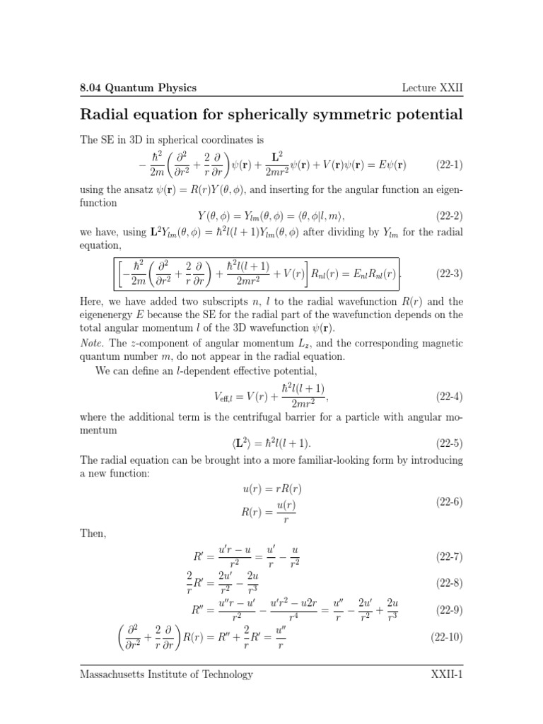 Radial Equation For Spherically Symmetric Potential | PDF | Wave ...