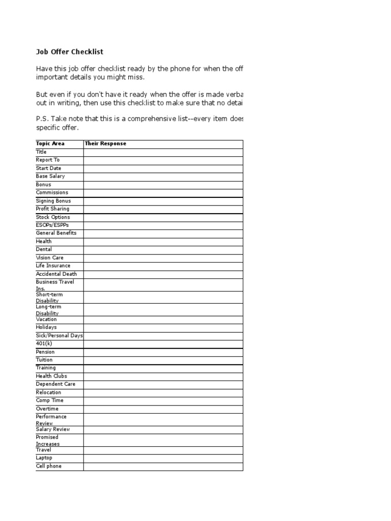 Job Offer Checklist | PDF | Deductible | Personal Digital Assistant