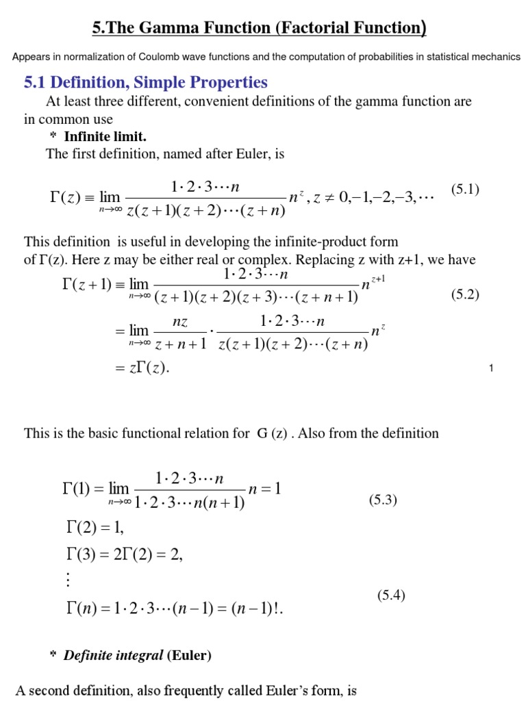 5.the Gamma Function (Factorial Function) : 5.1 Definition, Simple Properties | Download Free ...