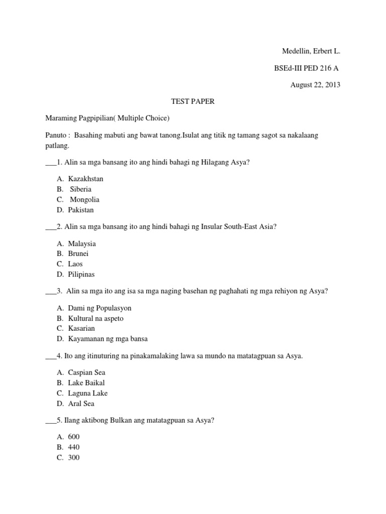 Araling Panlipunan Sample Test Paper | PDF