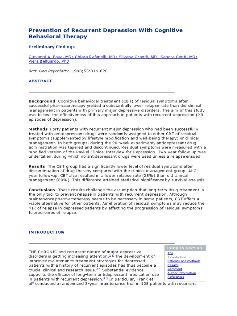 Prevention of Recurrent Depression With Cognitive Behavioral Therapy ...