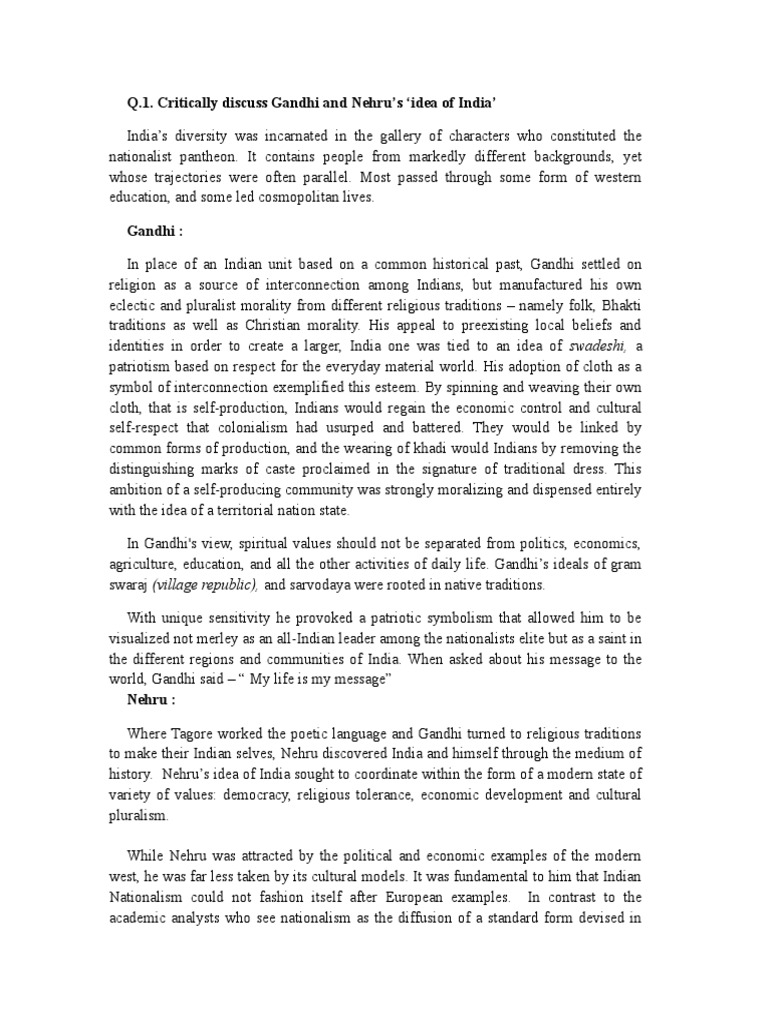 Q.1. Critically Discuss Gandhi and Nehru's Idea of India' | PDF ...