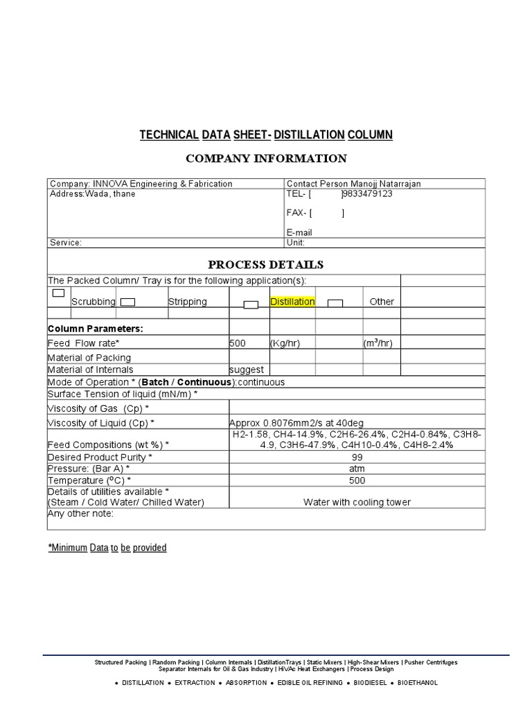Datasheet - Distillation Column | PDF