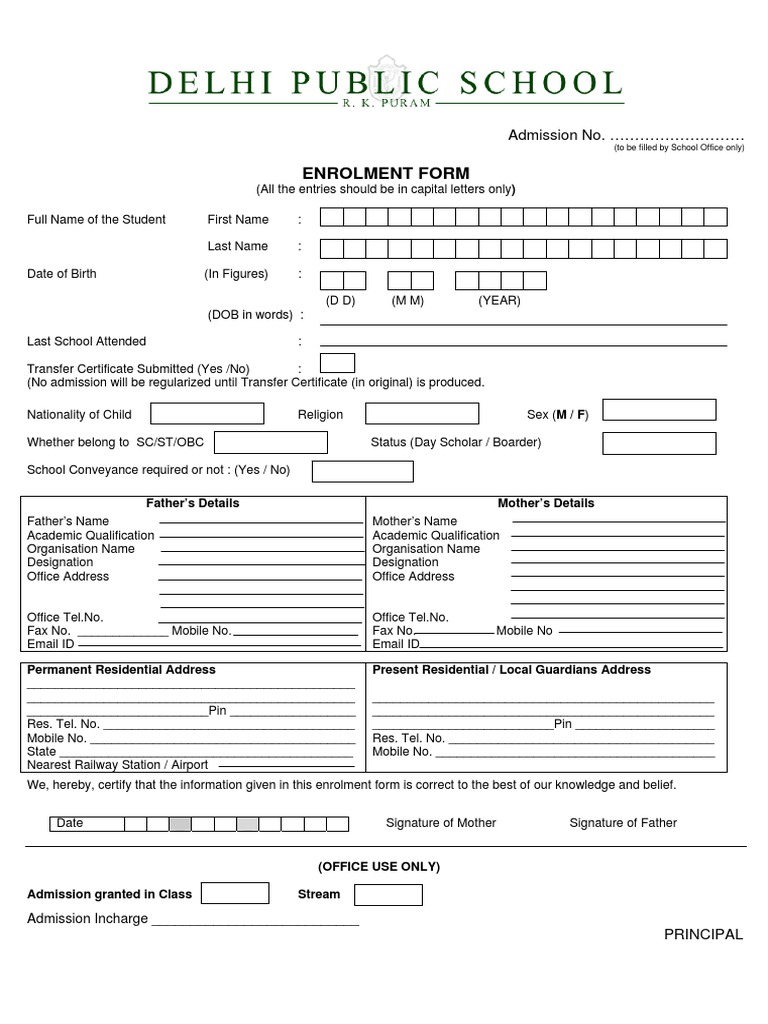 School Enrolment Form for Admission | PDF | Government | Social ...