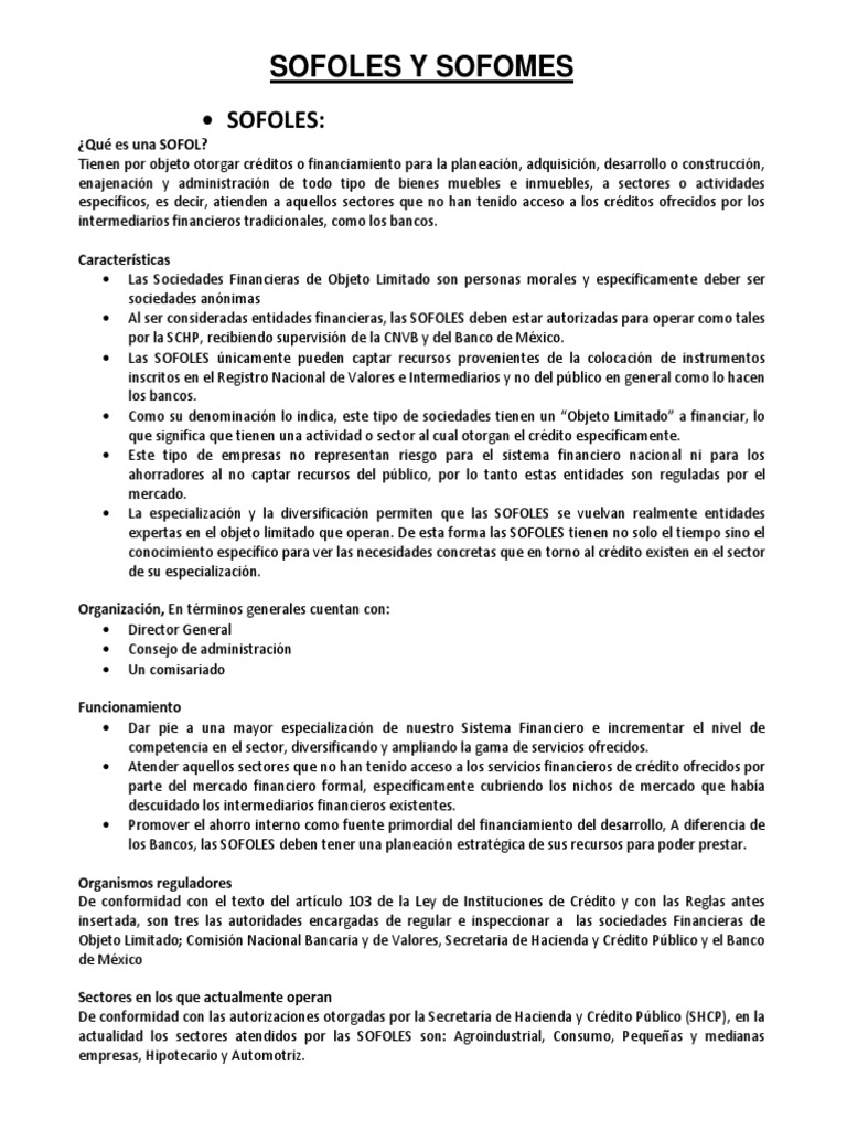 Sofoles y Sofomes | PDF | Sistema financiero | Bancos