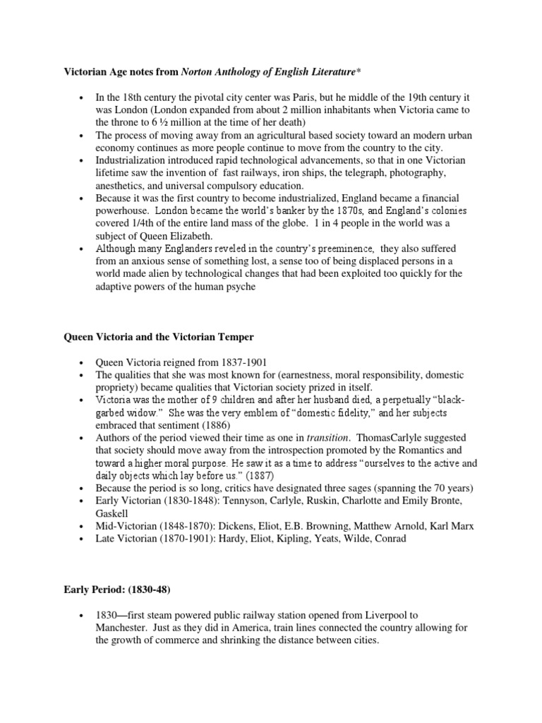 Victorian Age Notes From Norton Anthology of English Literature | PDF ...