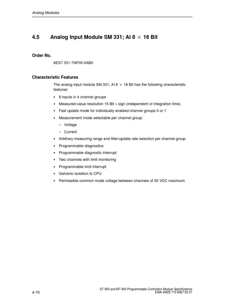 Analog Input Module 6ES7 331-7NF00-0AB0 | PDF | Analog To Digital ...