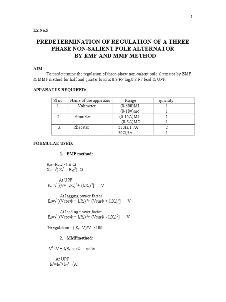 Predetermination of Regulation of A Three Phase Non-Salient Pole Alternator by Emf and MMF ...