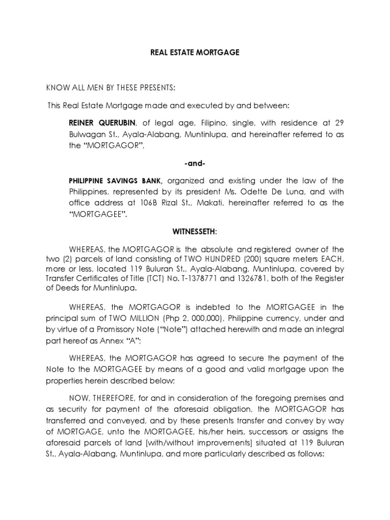 Real Estate Mortgage Agreement Philippines | PDF | Mortgage Law ...