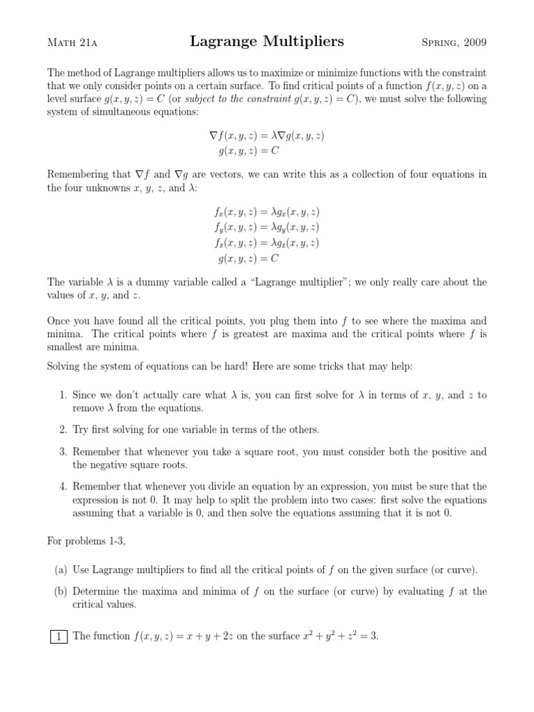 Lagrange Multiplier | PDF | Maxima And Minima | Mathematical Analysis