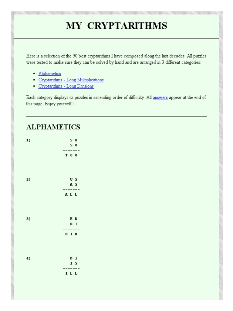 My Cryptarithms | PDF | Leisure