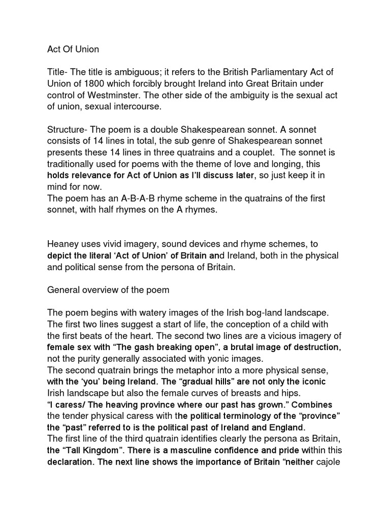 Act of Union, Lit Oral | PDF | Sonnets | Poetry