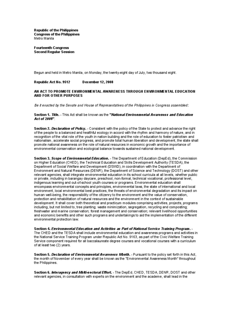 Ra 9512 An Act To Promote Environmental Awareness Through Environmental ...