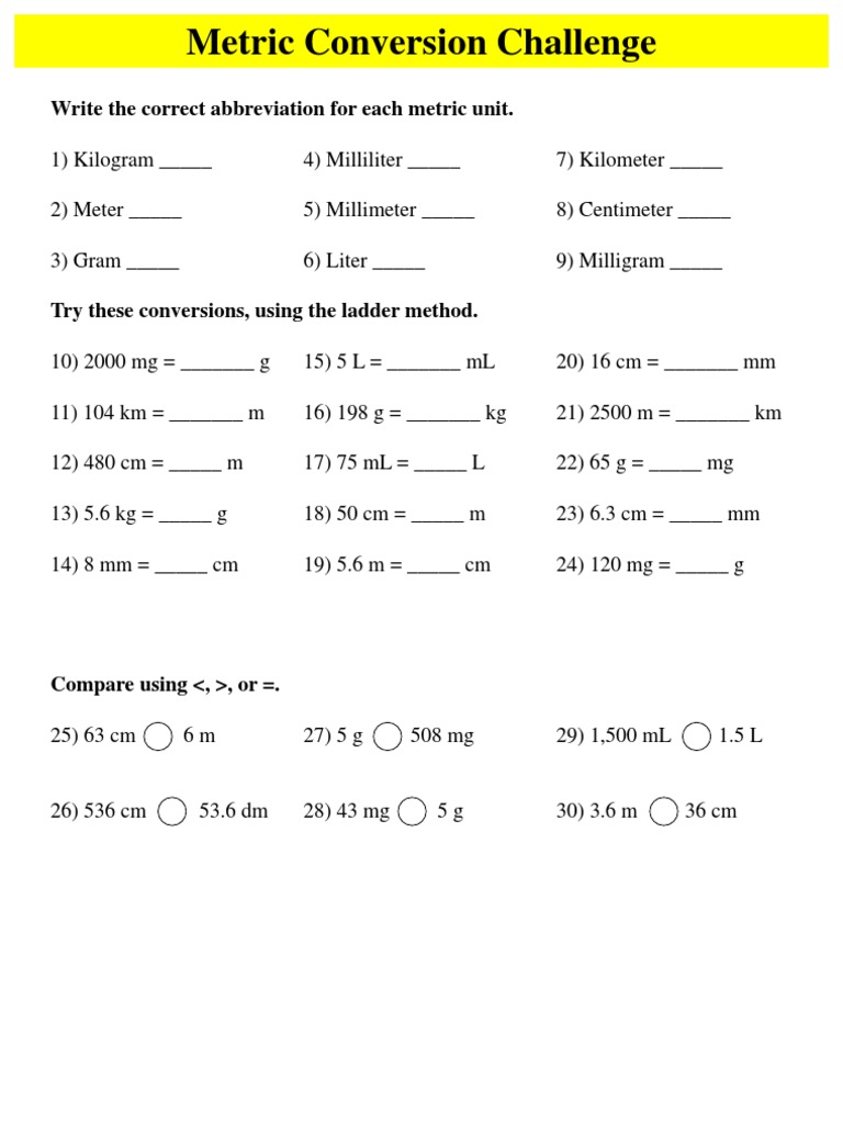 Metric Conversion Challenge: Write The Correct Abbreviation For Each ...