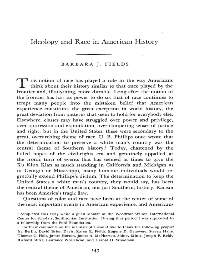 Barbara J. Fields - Ideology and Race in American History | Race (Human ...