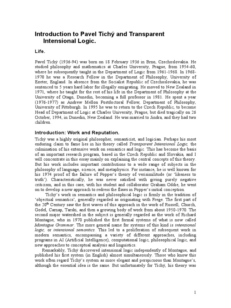 Holster, Andrew (2003) Introduction To Pavel Tichy and Transparent Intensional Logic | PDF ...