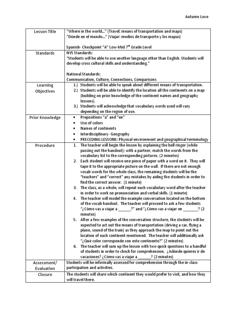 Spanish - Checkpoint A Lesson Plan - Transportation | PDF | Reading ...