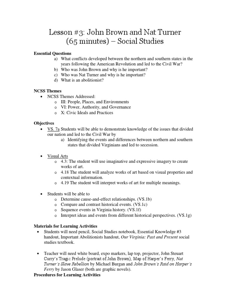 Lesson3 Jonbrownnatturner | PDF | John Brown (Abolitionist) | Nat Turner