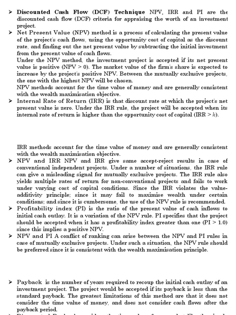 Discounted Cash Flow (DCF) Technique NPV, IRR and PI Are The | PDF