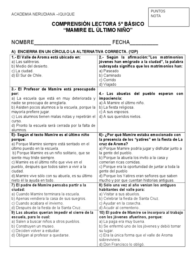Análisis de comprensión lectora sobre el cuento "Mamire el último niño ...