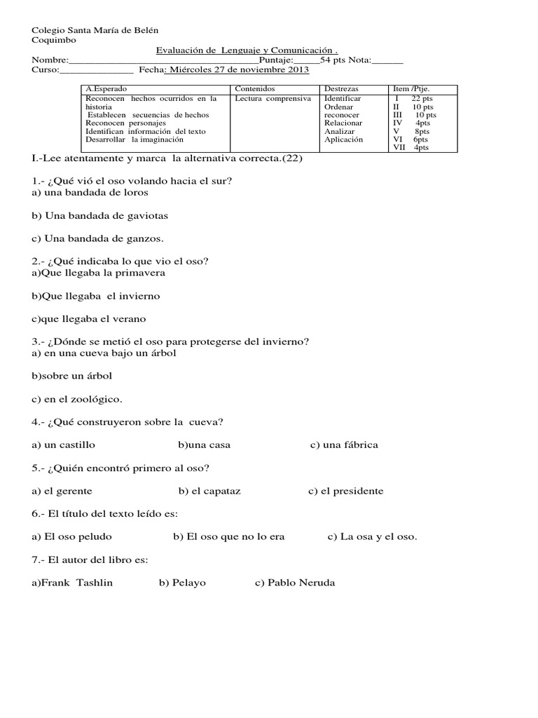 Prueba Del Libro El Oso Que No Lo Era | PDF