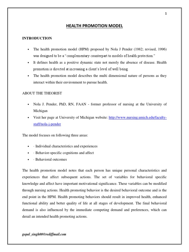 An Overview of the Health Promotion Model and its Key Concepts for ...