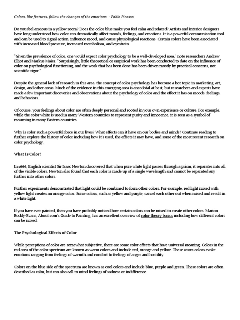 Colors, Like Features, Follow The Changes of The Emotions. - Pablo ...