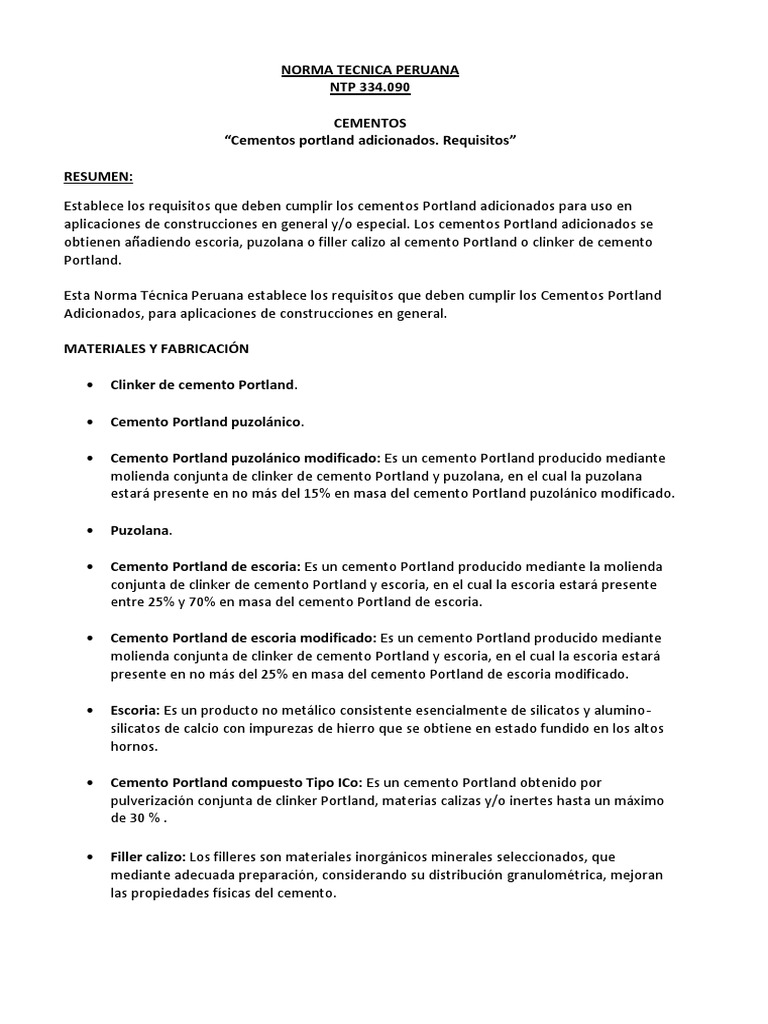 NTP 334.090 | PDF | Cemento | El hombre hace Materiales
