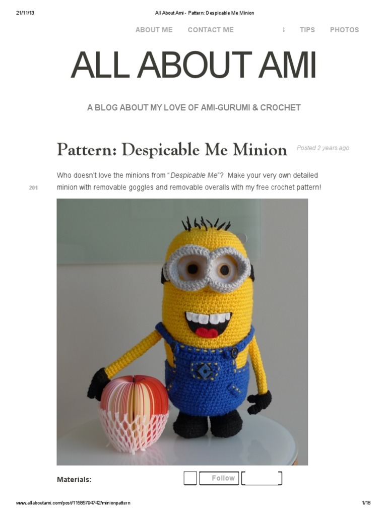 All About Ami - Pattern - Despicable Me Minion | PDF | Amigurumi | Crochet