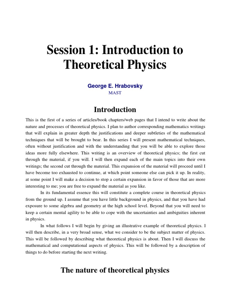 Session 1: Introduction To Theoretical Physics: George E. Hrabovsky ...
