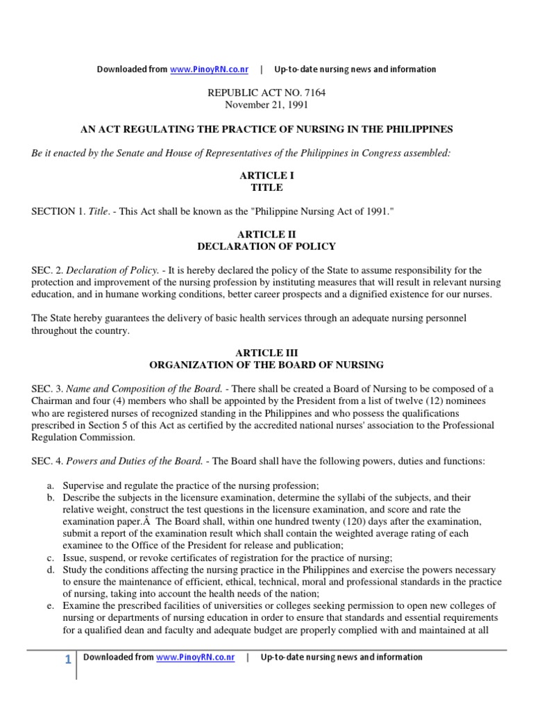 RA 7164 Nursing Act of 1991 | PDF | Licensure | Nursing
