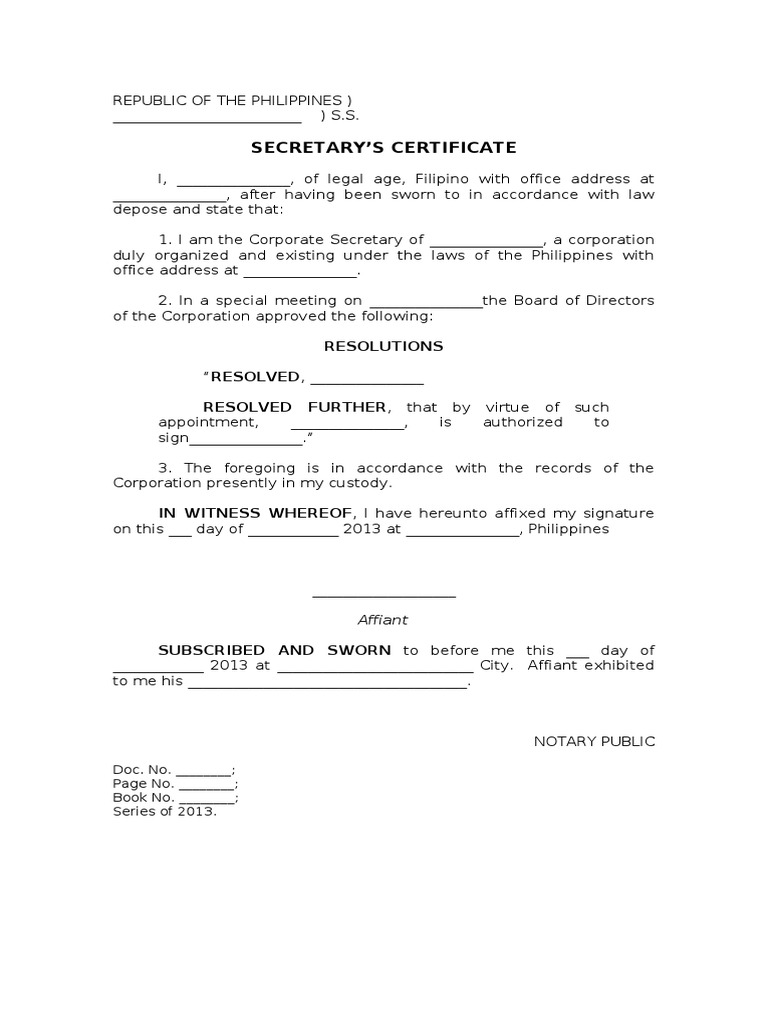 Sample Secretary's Certificate | PDF | Law