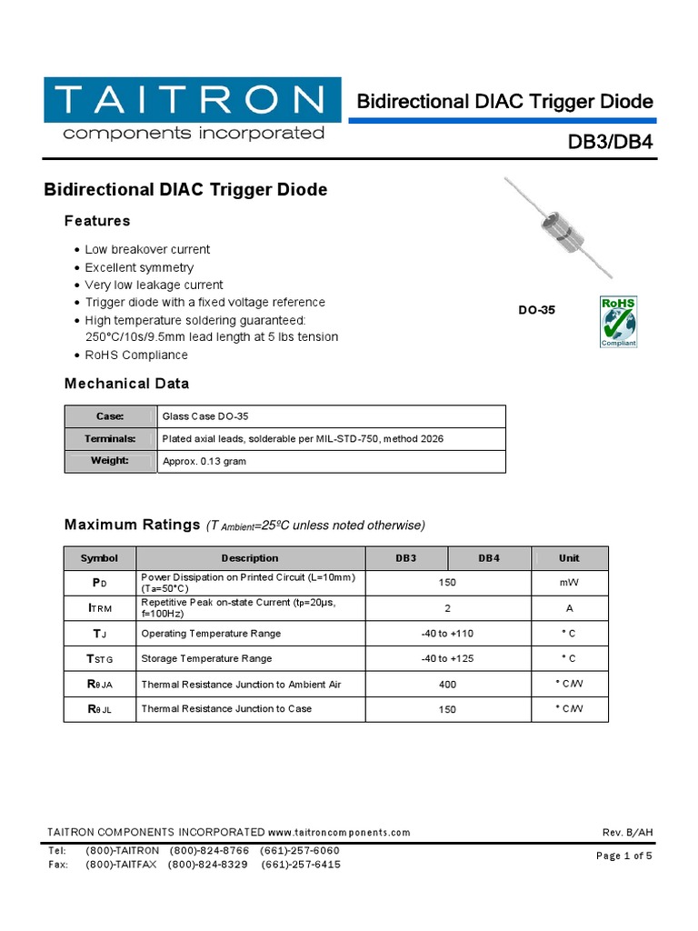 DB3 (Diac) Datasheet | PDF | Diode | Electrical Resistance And Conductance