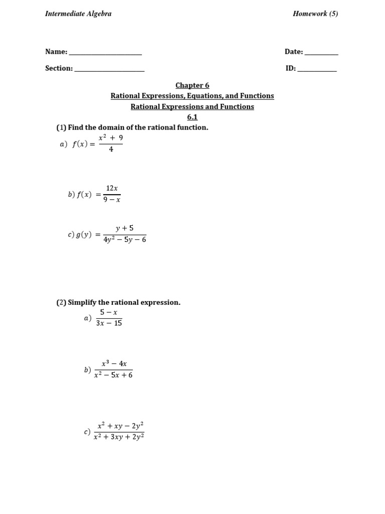 Intermediate Algebra: Rational Expressions Homework | PDF