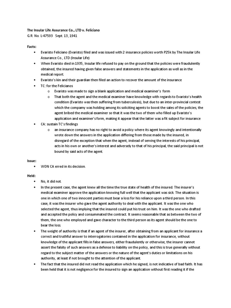 The Insular Life Assurance Co., LTD v. Feliciano (Sept. 1941) | PDF ...