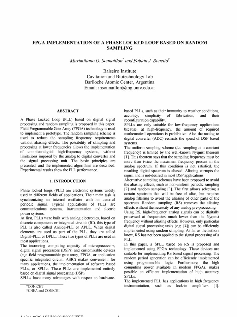 Fpga Implementation Of A Phase Locked Loop Based On Random Pdf 1409