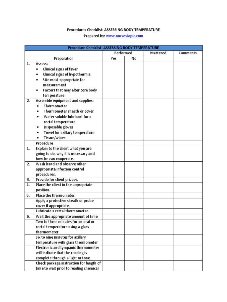 Procedures Checklist: Assessing Body Temperature | PDF | Wellness ...