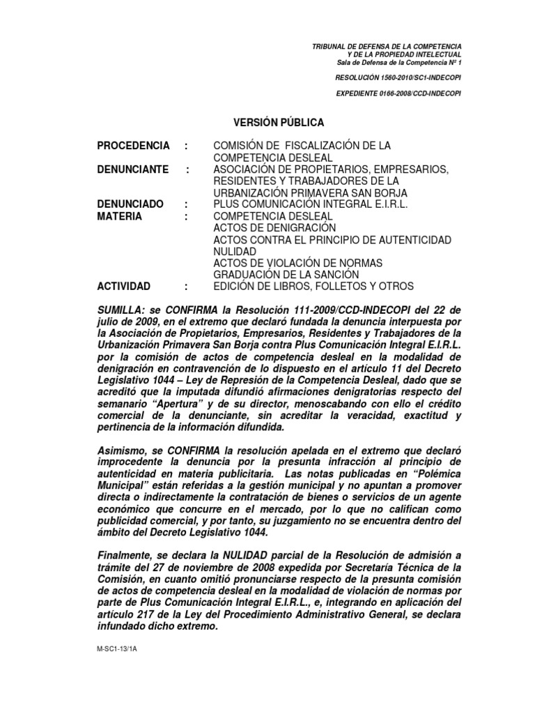 Re1560 Denigracion | PDF | Publicidad | Propiedad intelectual