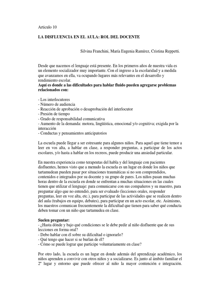 La Disfluencia en El Aula Rol Del Docente | PDF | Tartamudeo | Maestros