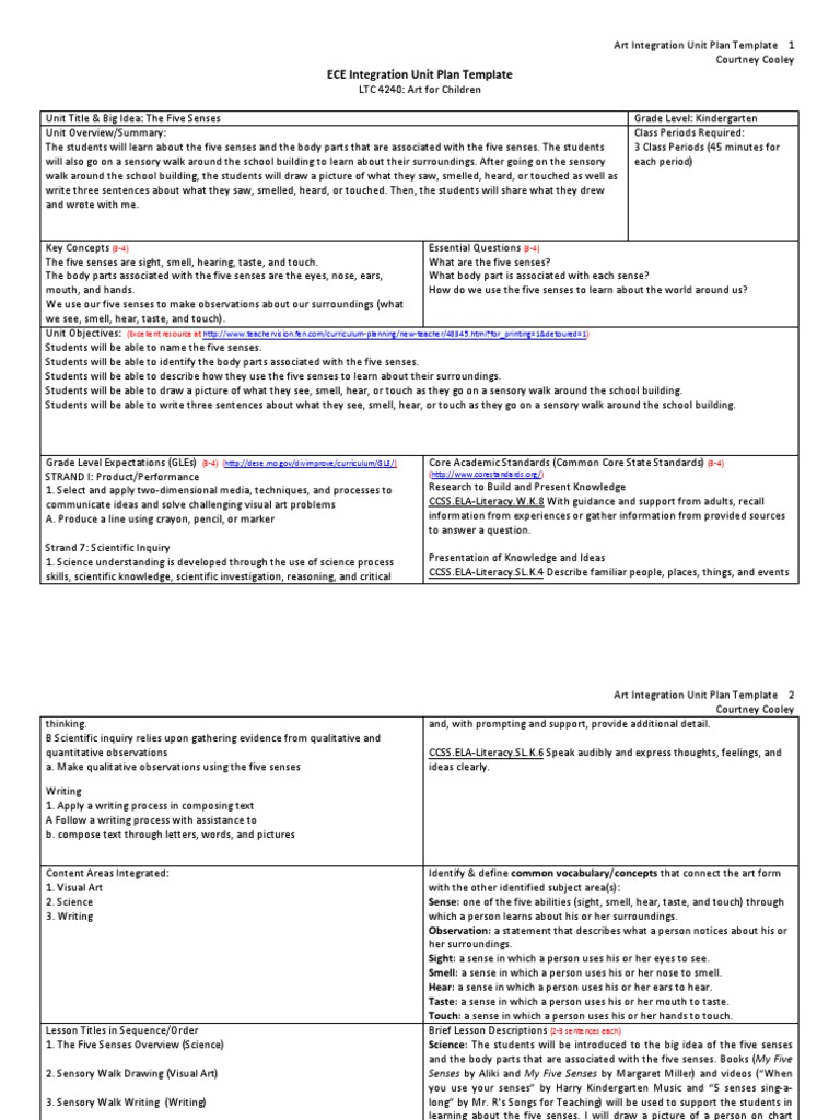 Art Integration: Five Senses Unit Plan | PDF | Senses | Perception